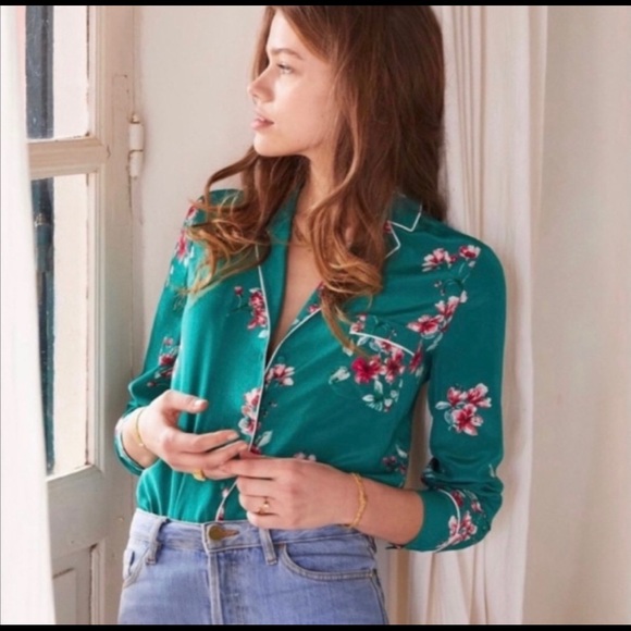 Sezane | Tops | Sezane Elisa Green Floral Silk Blouse 36 | Poshmark